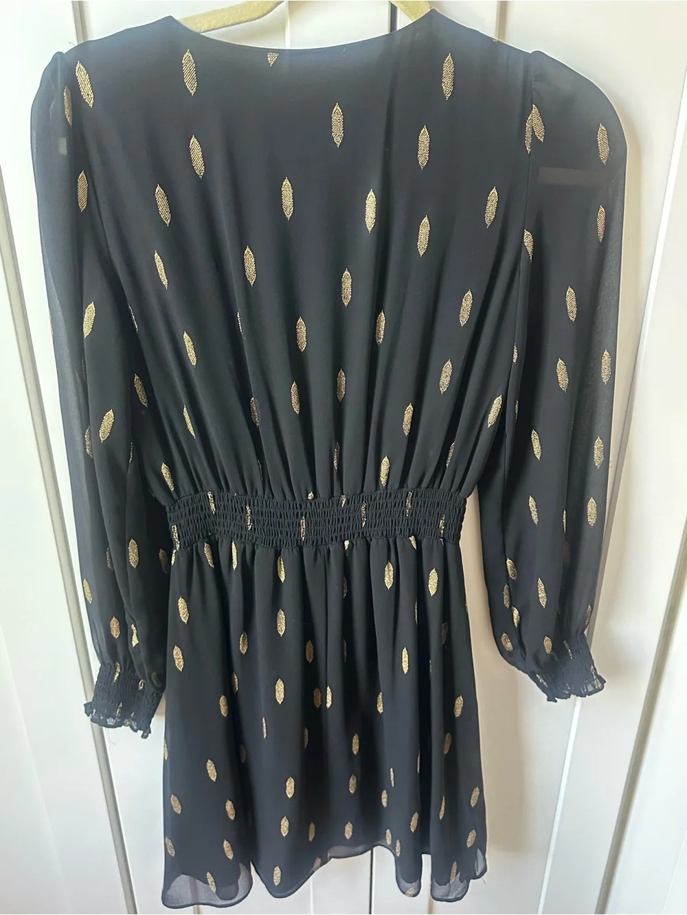 MSK | Dresses | Msk Black Dress With Gold Leaf Print And Smocked Waist ...